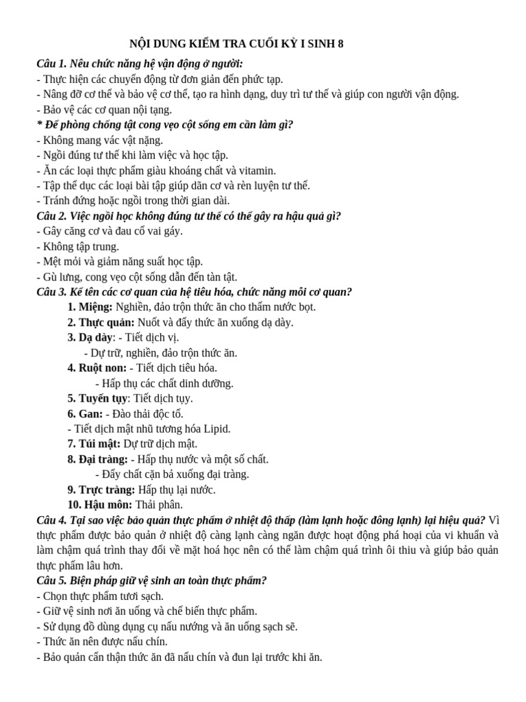 NỘI DUNG KIỂM TRA CUỐI KỲ I SINH 8 | PDF