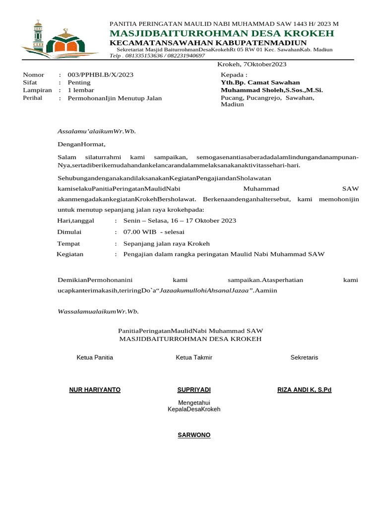 Surat Ijin Penutupan Jalan | PDF