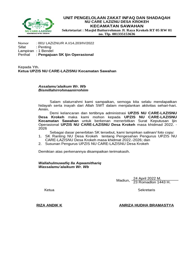Surat Pengajuan SK Pengesahan Lazisnu Ran. Krokeh | PDF
