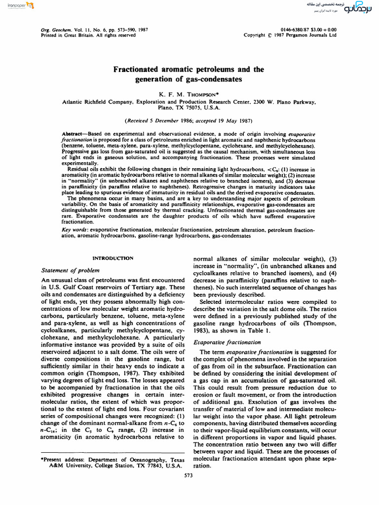 Fractionated Aromatic Petroleums and The Generation of Gas-Condensates ...