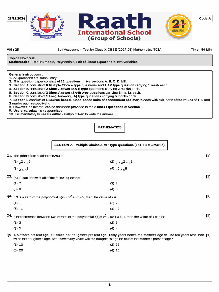 Self Assessment Test-3A (CBSE) Mathematics (C-10) | PDF | Equations ...