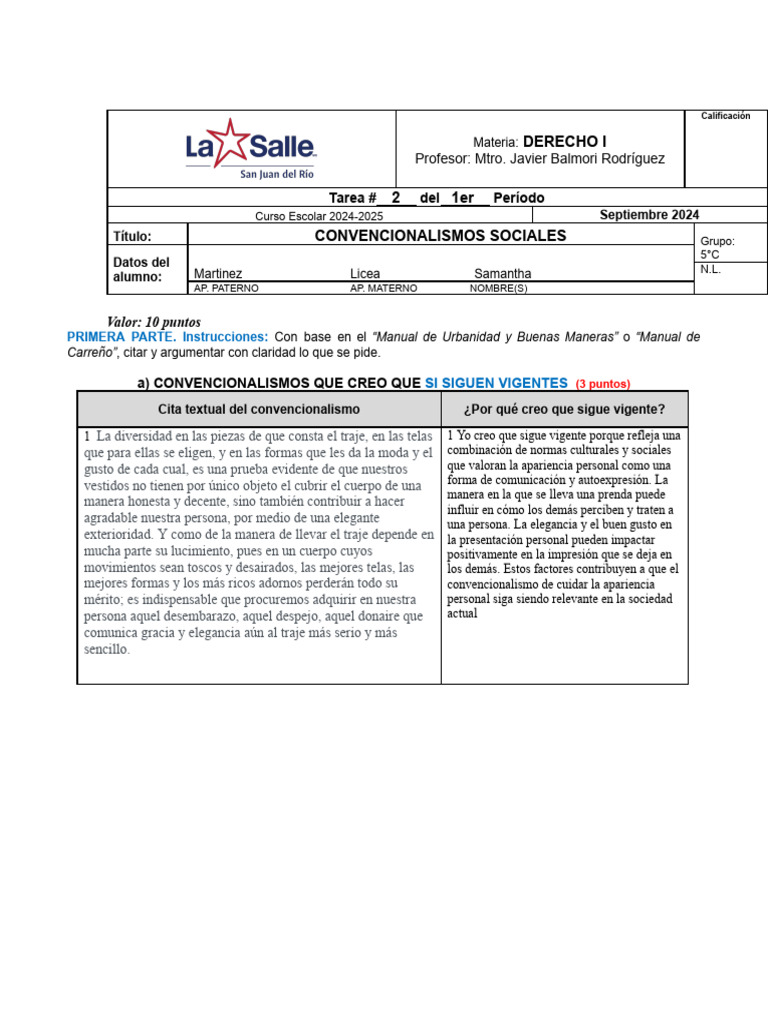 SAMANTHA MARTINEZ LICEA - Tarea 2 1er Período Derecho I 24-25 Conv Soc | PDF