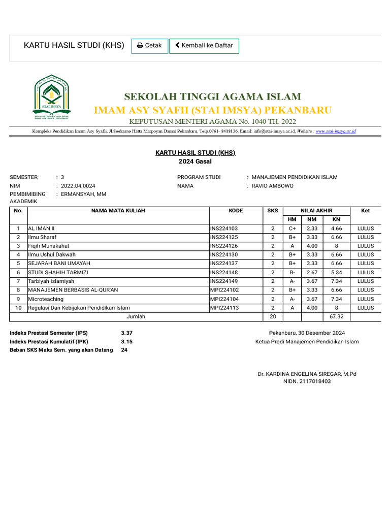 KARTU HASIL STUDI (KHS) (1) | PDF