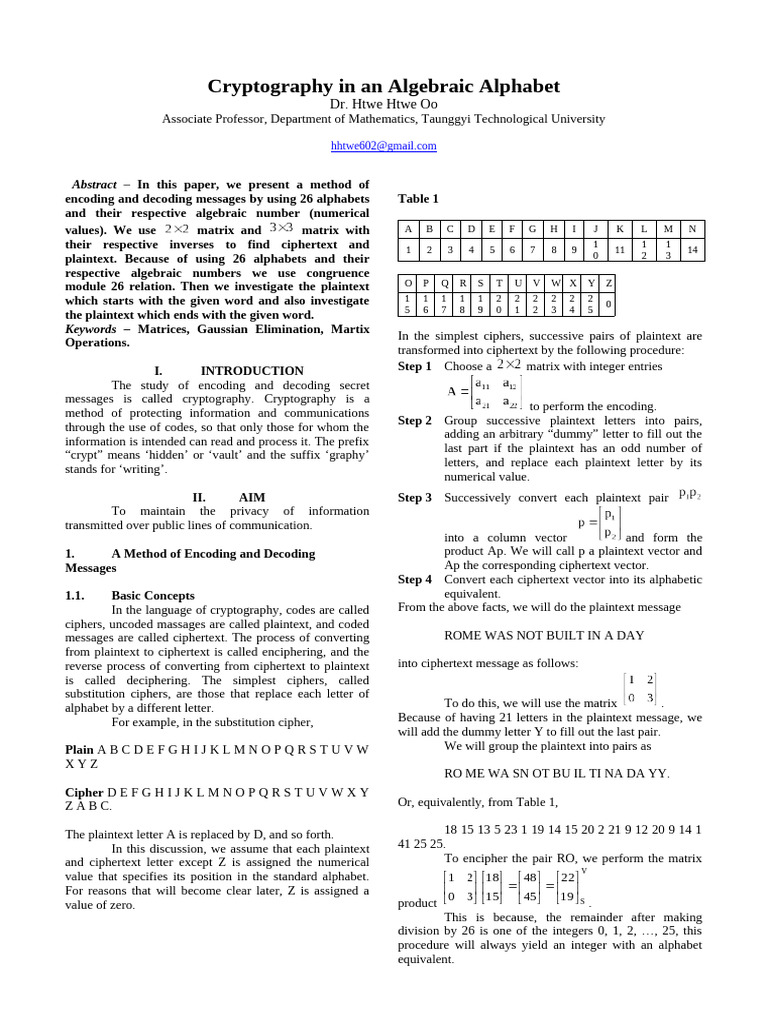 Cryptography in An Algebraic Alphabet | PDF | Matrix (Mathematics) | Cipher