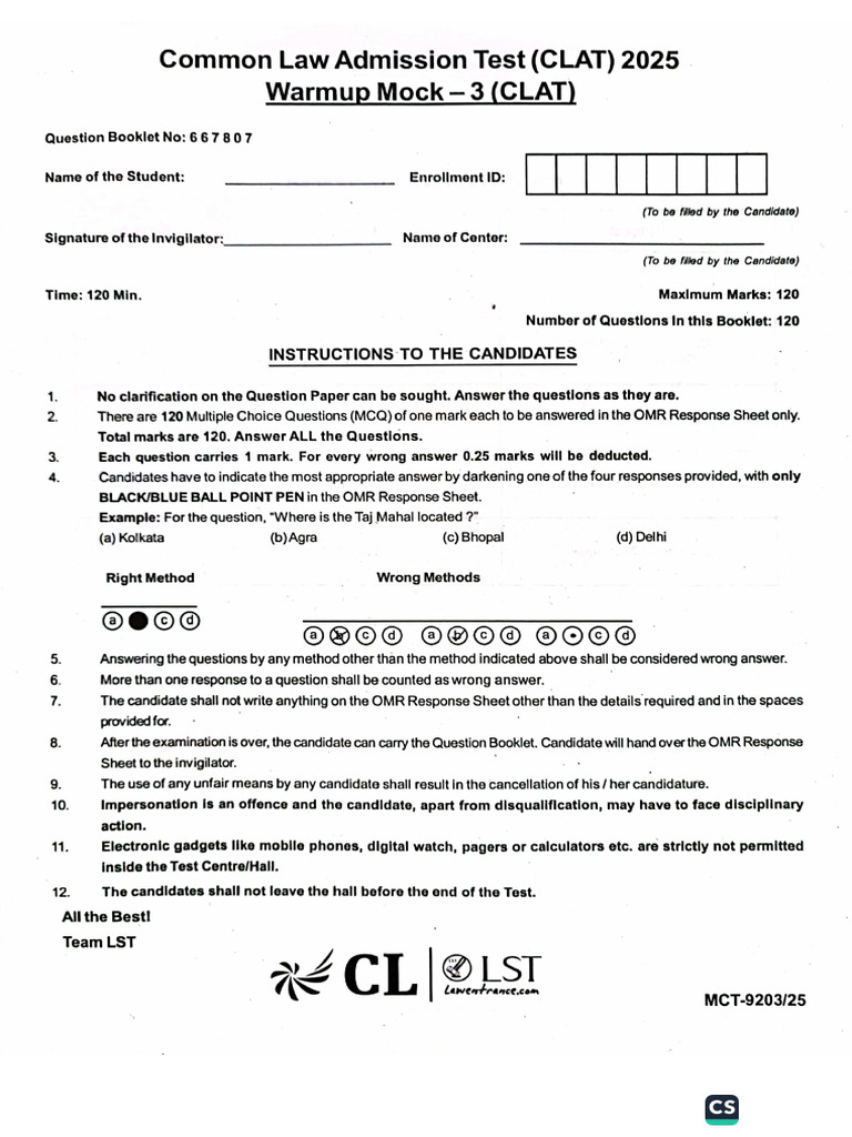 Warmup Mock-03 For CLAT Preparation by CL. | PDF