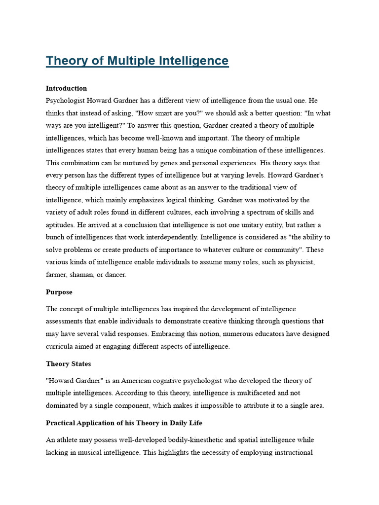 Gardner's Theory of Multiple Intelligences-Handout.docx | PDF ...