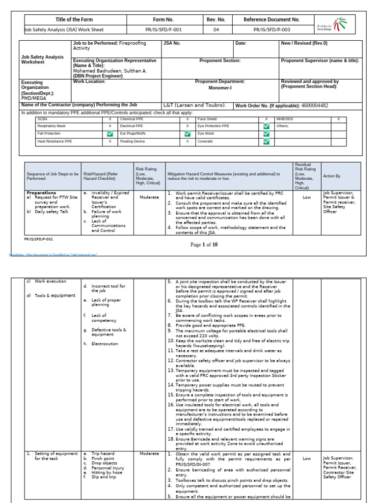 JSA for Fire Proofing | PDF | Personal Protective Equipment | Safety