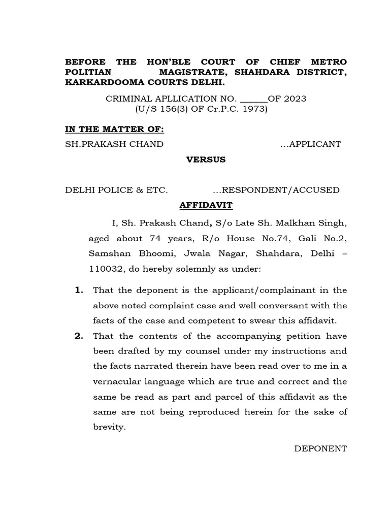 Criminal Application Affidavit Delhi 2023 | PDF
