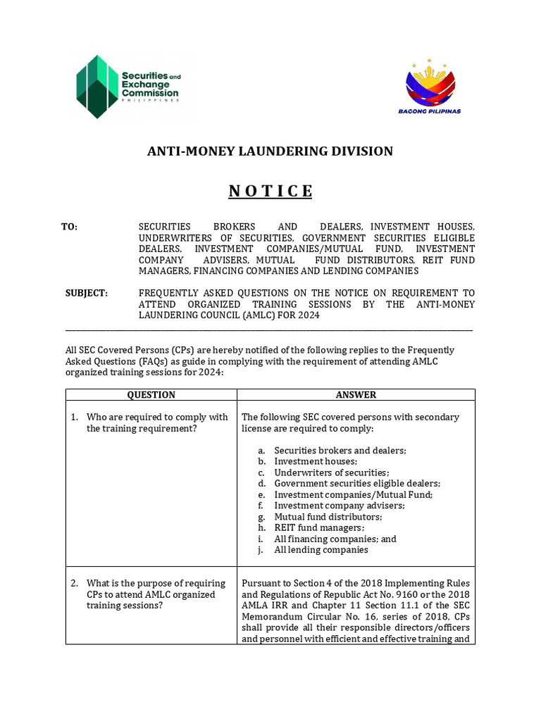 AMLA 2024Notice-on-FAQs-on-AMLC-Training-Requirement | PDF | Securities ...