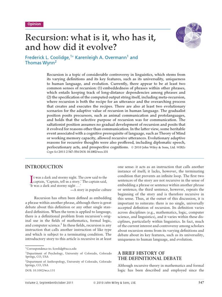 WIRES Cognitive Science - 2010 - Coolidge - Recursion What Is It Who Has It and How Did It ...