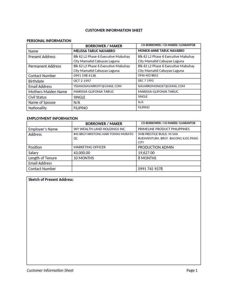 Customer Information Sheet (Codd) | PDF | Vehicles