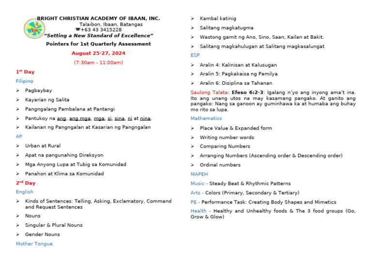 1st Quarterly Assessment Pointers | PDF