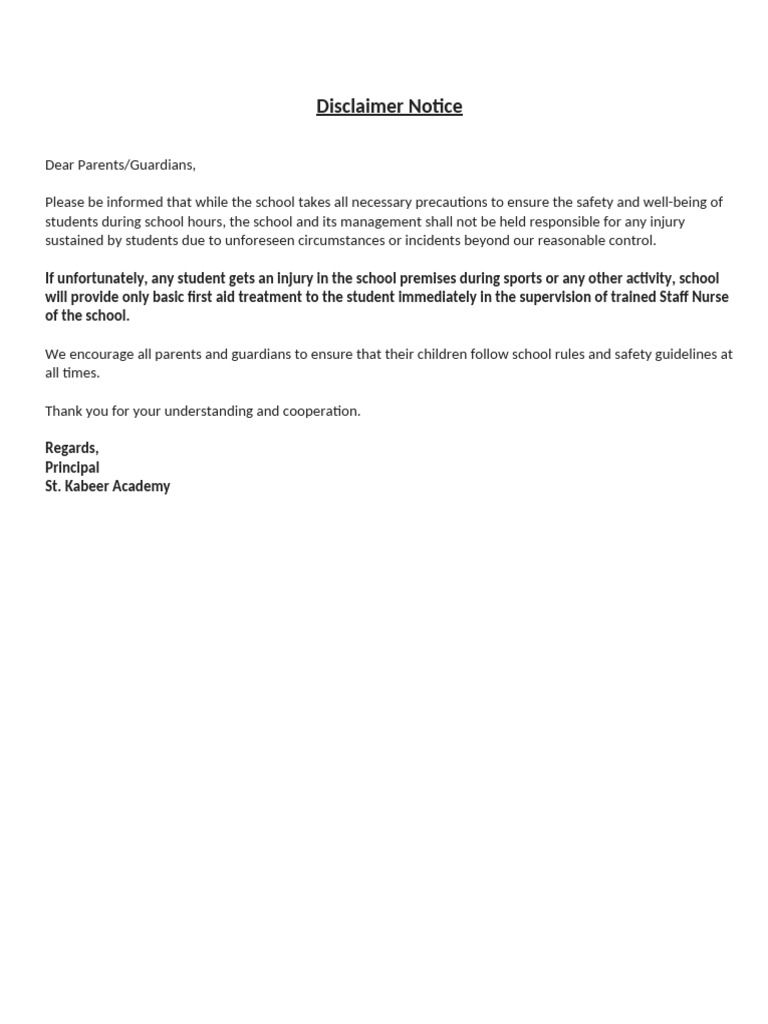 Disclaimer Notice About Injury in School Hours STK | PDF