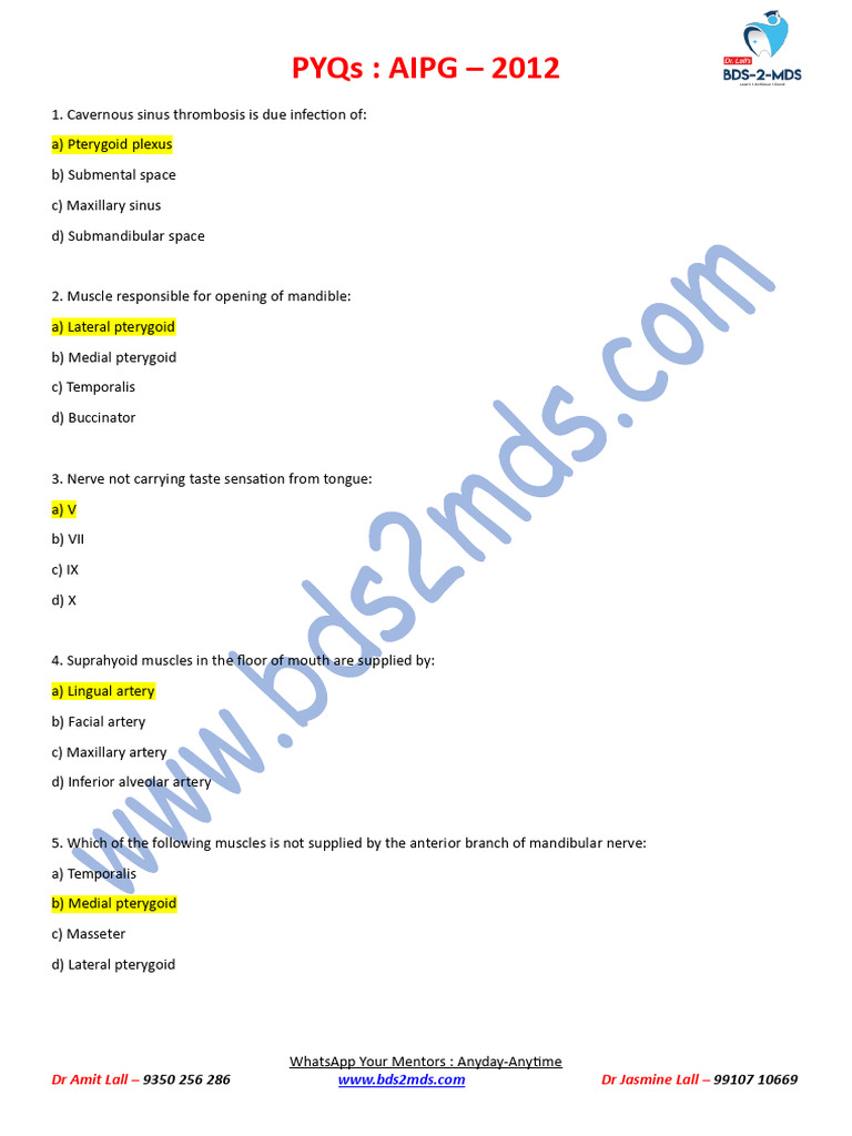 AIPG 2012 PYQs for Medical Students | PDF | Lung | Human Tooth