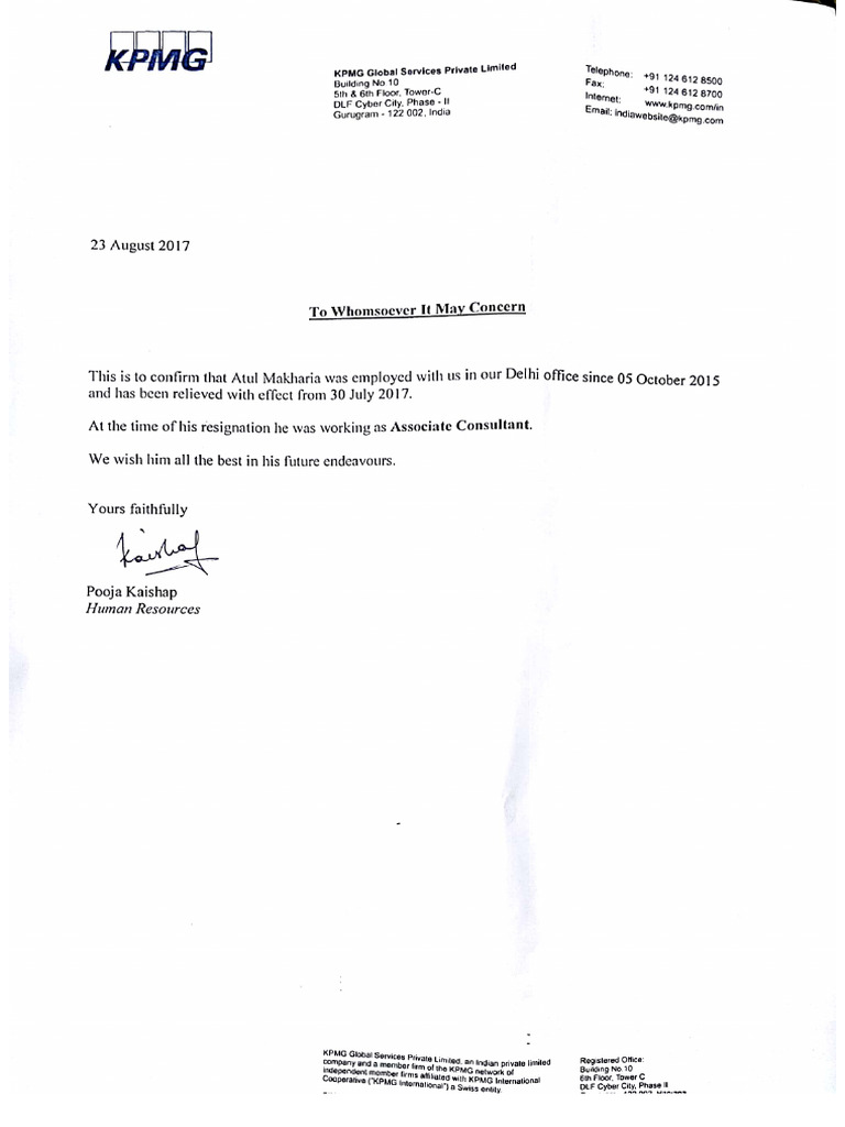 Relieving Letter KPMG | PDF