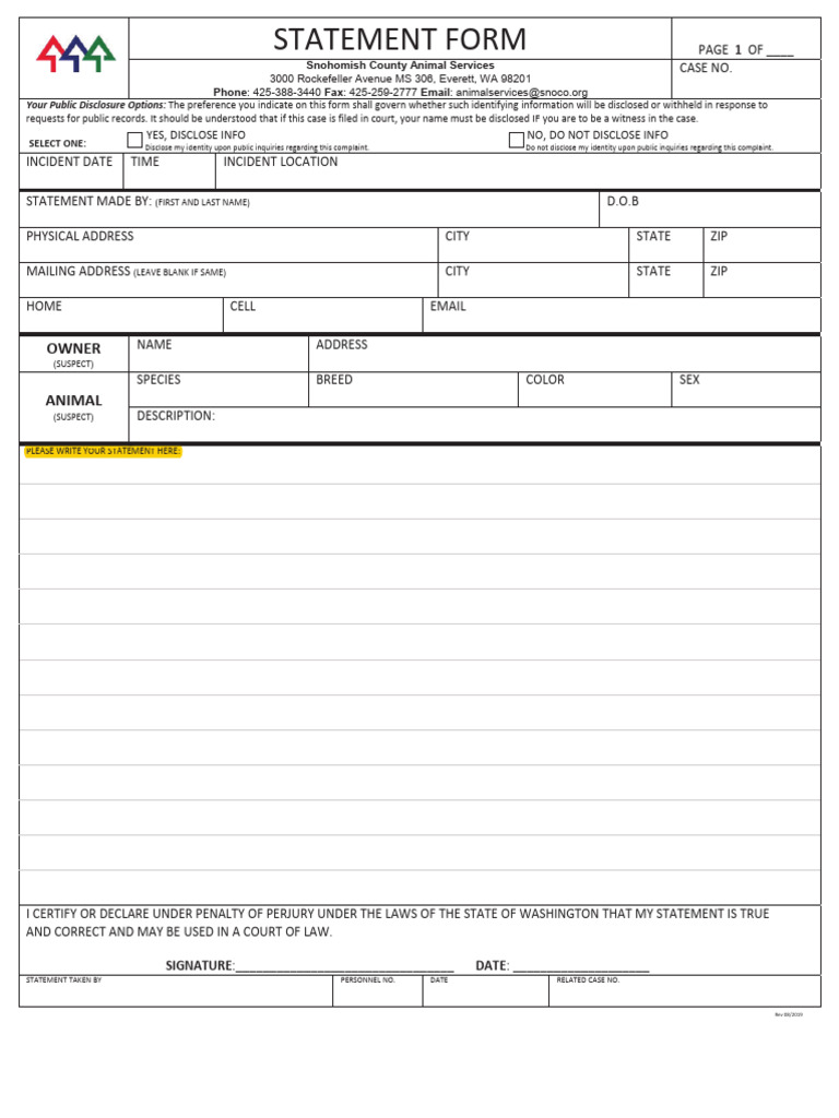 Statement Form Printable Animal | PDF | Justice | Crime & Violence