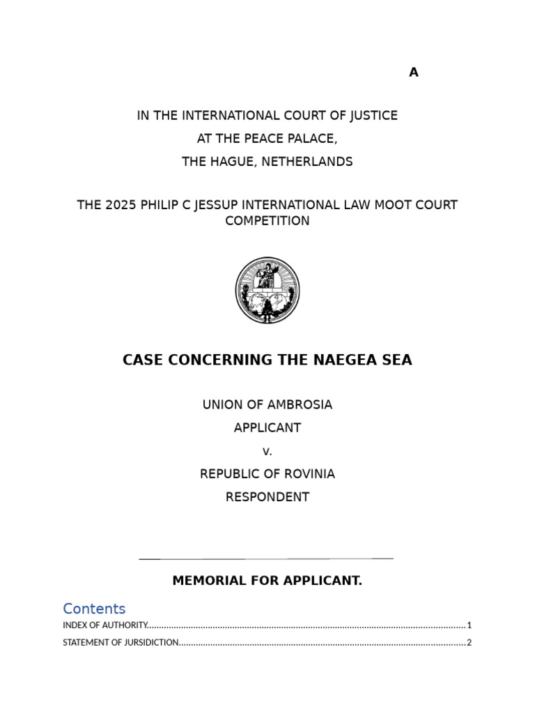Jessup Applicant Memorial | PDF | International Law | Jurisdiction