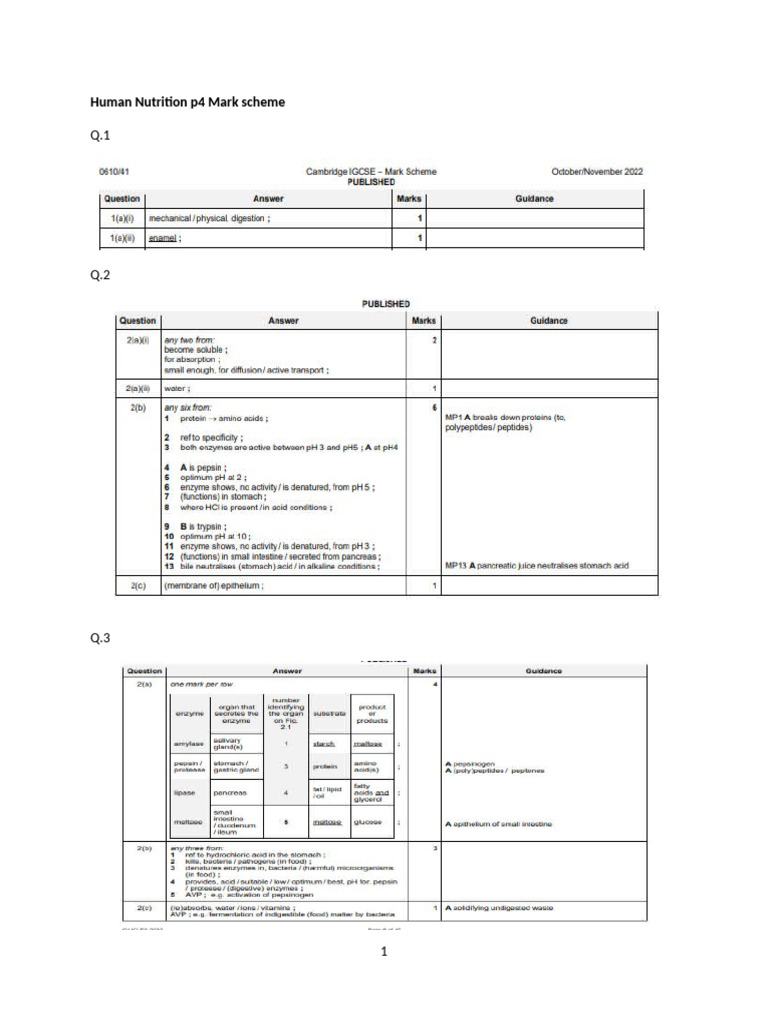 Chapter 7 Mark Scheme Human Nutrition p4 | PDF