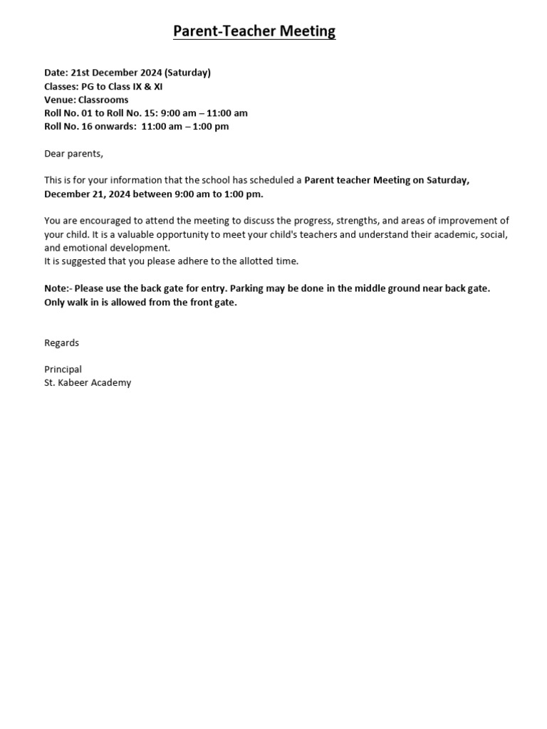 Parent Teacher Meeting 21-12-2024 STK | PDF