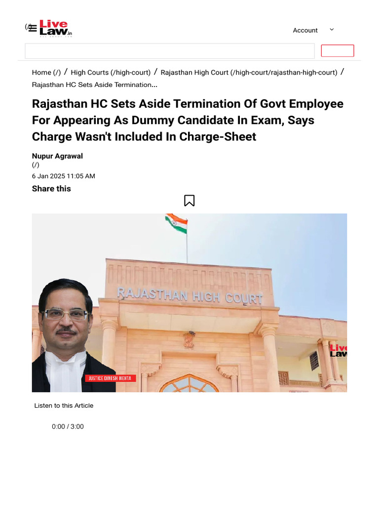 Rajasthan HC Sets Aside Termination Of Govt Employee For Appearing As ...