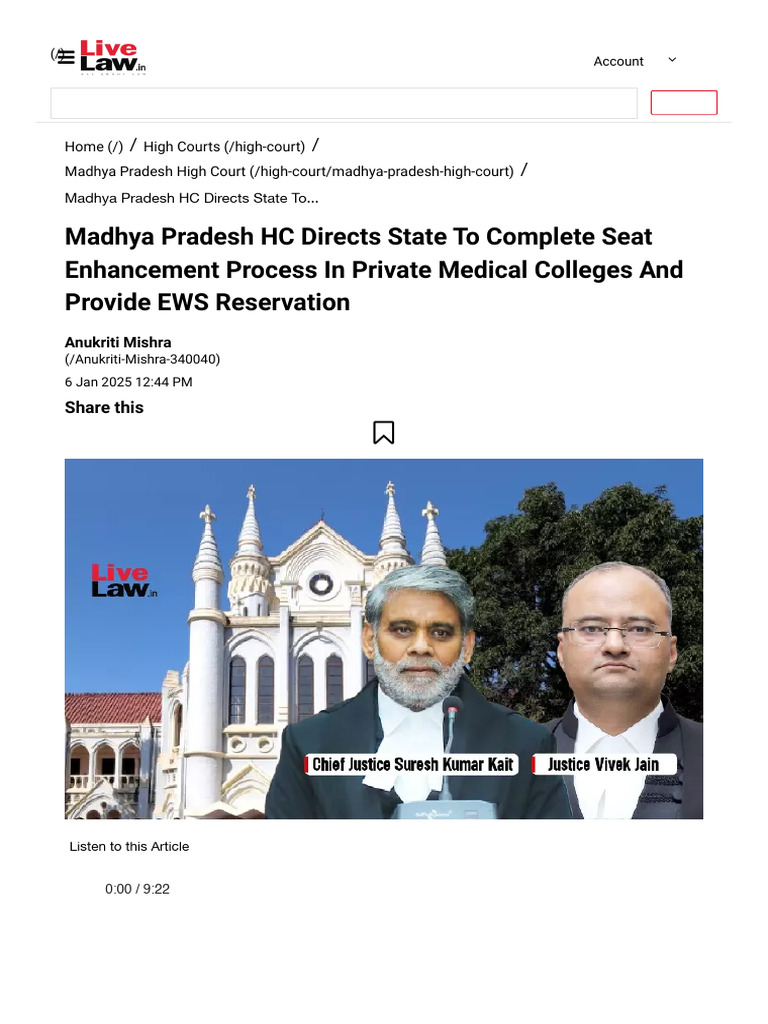 Madhya Pradesh HC Directs State To Complete Seat Enhancement Process in ...