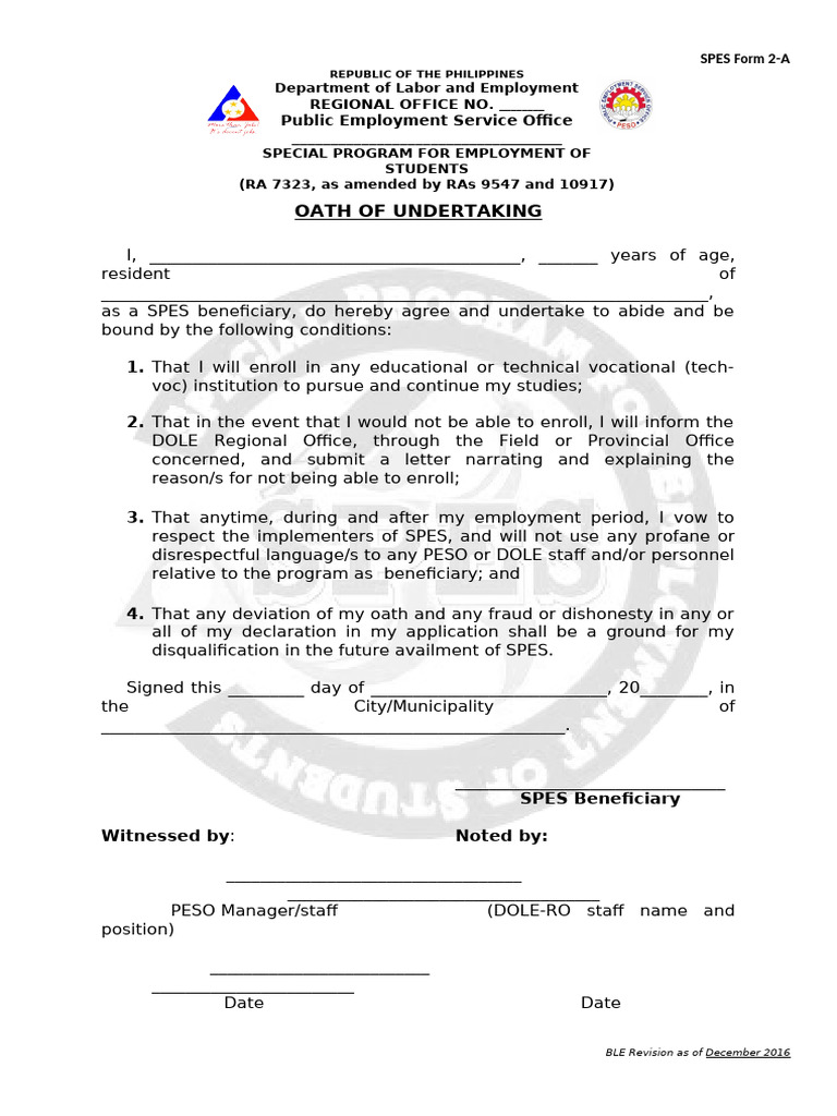 SPES Beneficiary Oath Form | PDF | Justice | Crime & Violence