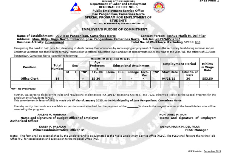 SPES FORM 1 - PLEDGE OF COMMITMENT_Dec2016.final | PDF | Employment ...