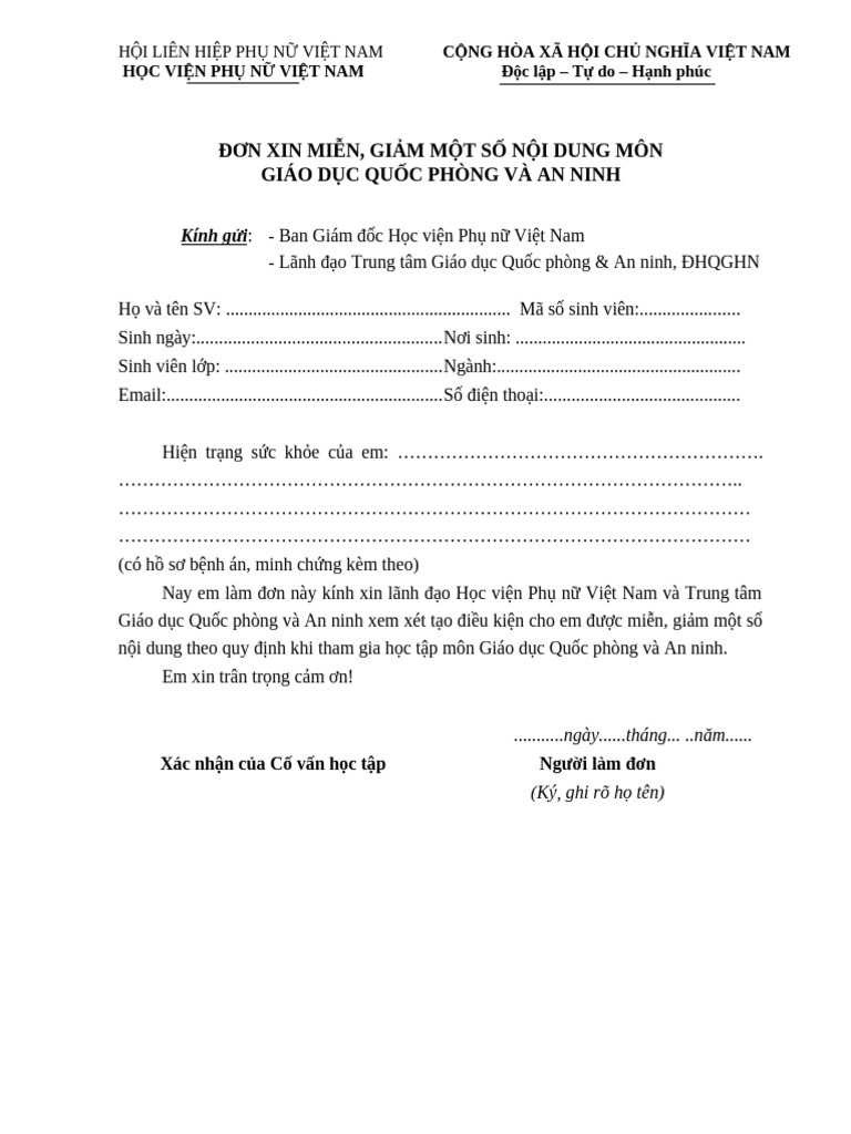 Đon xin miễn giảm học GDQPAN | PDF