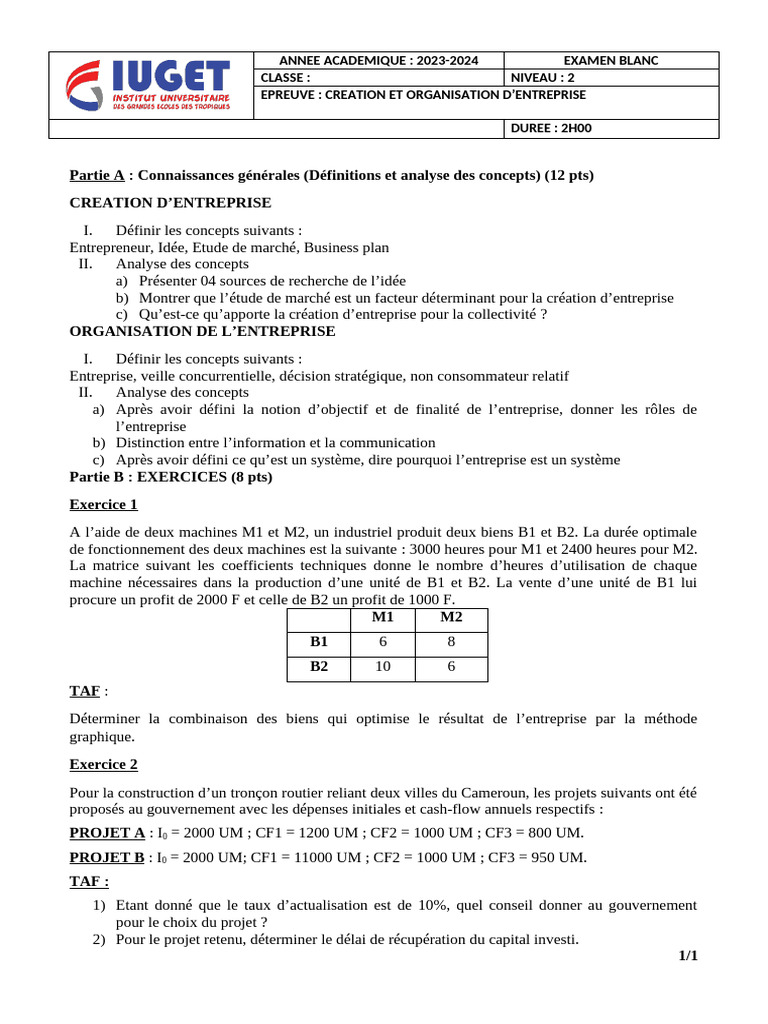 Examen Blanc : Création d'Entreprise 2024 | PDF | Business | Économie