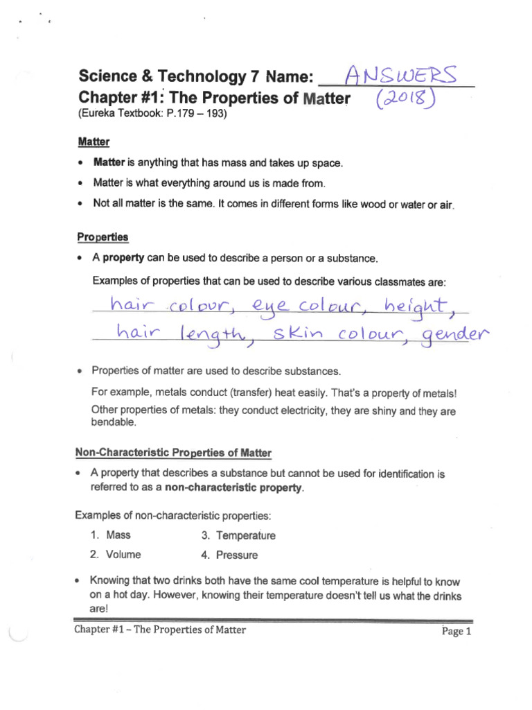 CH 1 Properties of Matter Notes (With Answers) | PDF