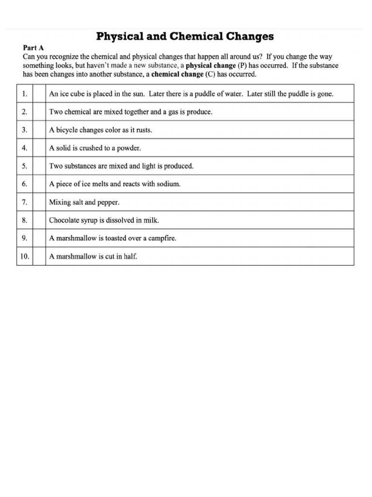 Physical vs. Chemical Changes Quiz | PDF