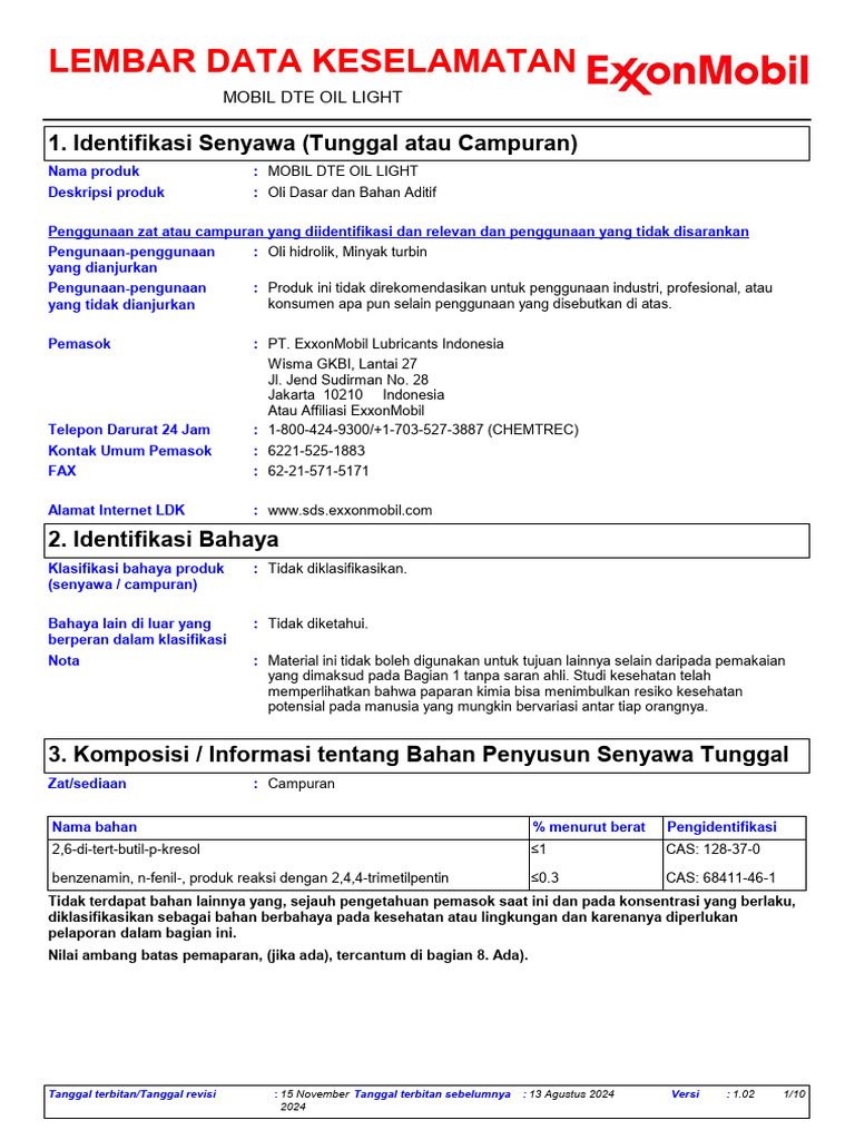 MSDS MOBIL DTE OIL LIGHT 30 Dec 2024 | PDF