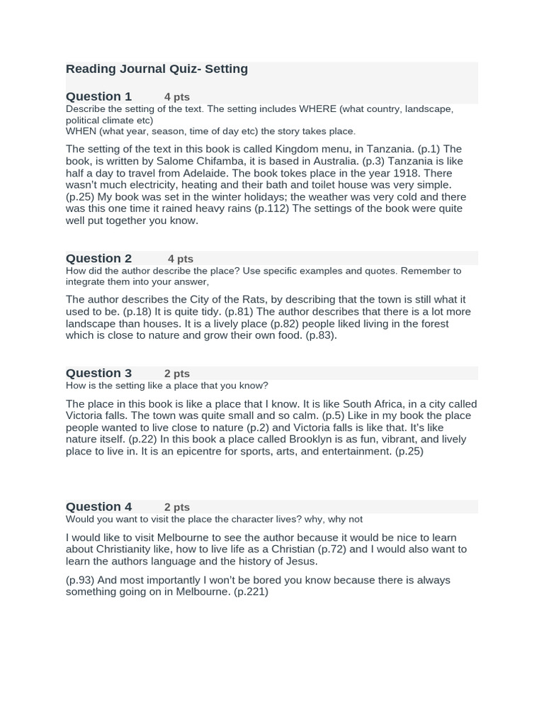 Reading Journal Quiz- Setting | PDF