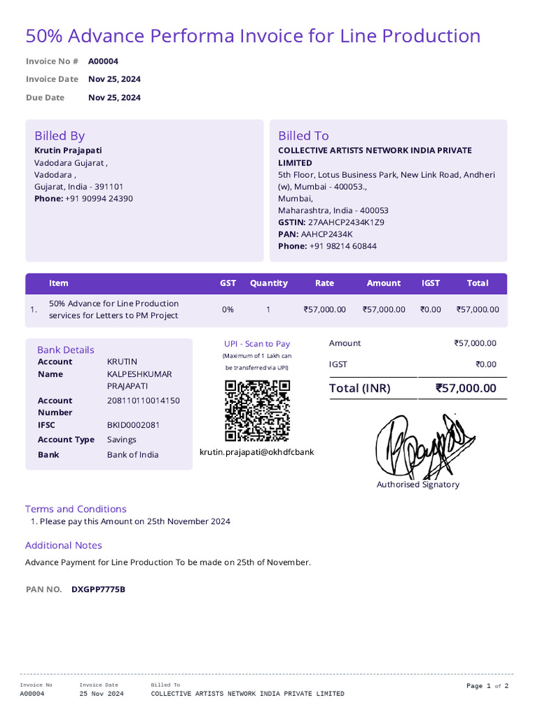 Invoice A00004 Krutin Prajapati Collective Artists Network India Private Limited | PDF | Invoice ...