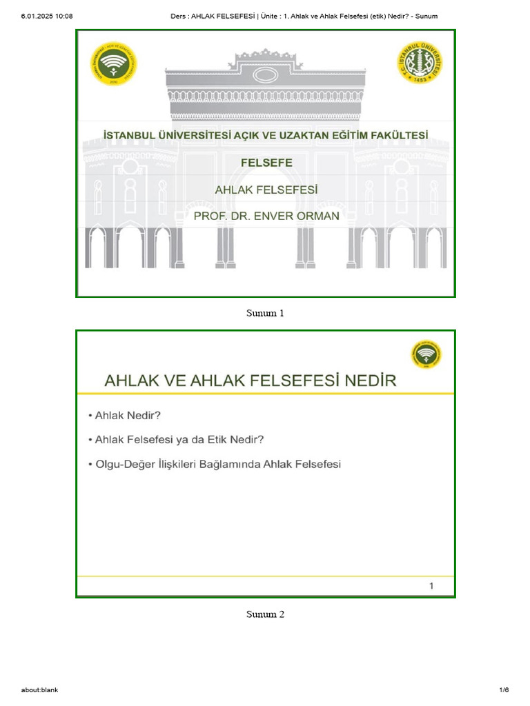 Ders - AHLAK FELSEFESİ - Ünite - 1. Ahlak Ve Ahlak Felsefesi (Etik) Nedir - Sunum | PDF