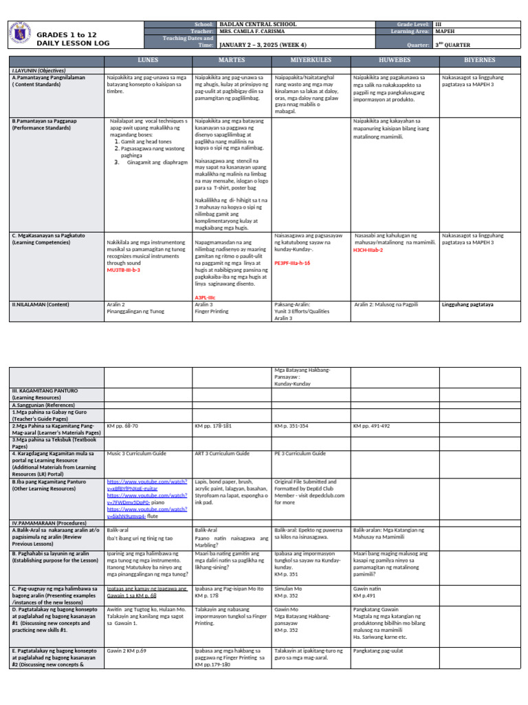 DLL - Mapeh 3 - Q3 - W4 | PDF