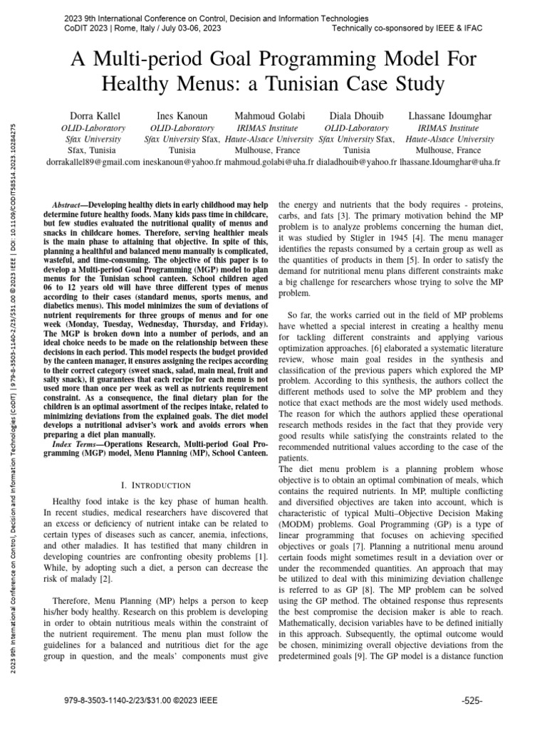 A MULTI-PERIOD GOAL PROGRAMMING MODEL FOR HEALTHY MENUS A TUNISIAN CASE ... A MULTI-PERIOD GOAL PROGRAMMING MODEL FOR HEALTHY MENUS A TUNISIAN CASE ...