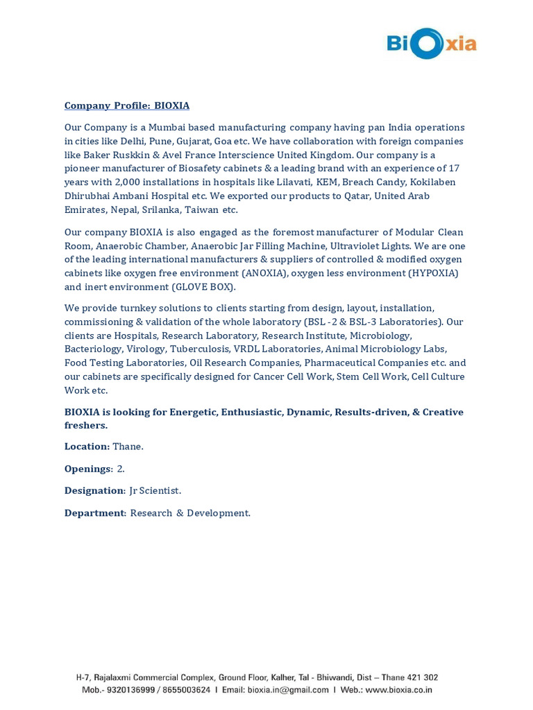 BIOXIA Profile & JD Electrical Engineer | PDF | Mumbai | Gujarat