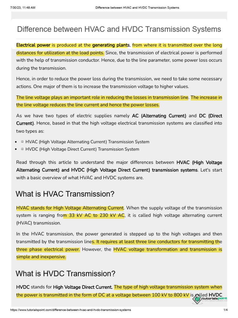 Difference Between HVAC and HVDC Transmission Systems | PDF | Electric ...