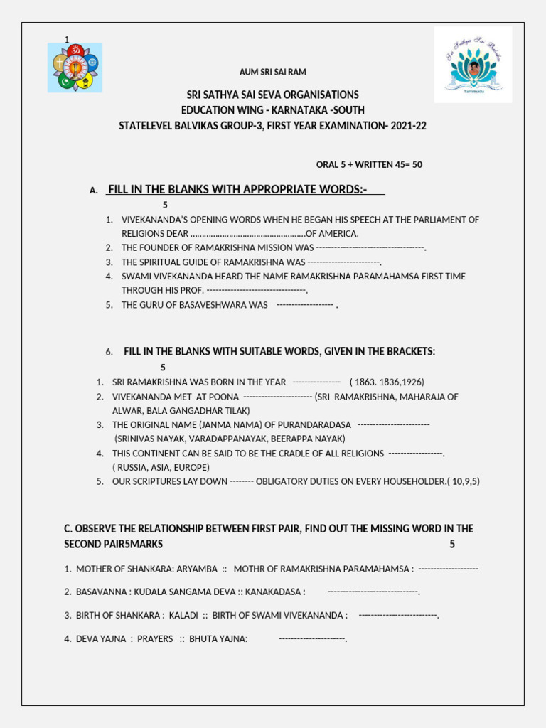 2021 Group 3 First Year Question Paper | PDF | Swami Vivekananda ...