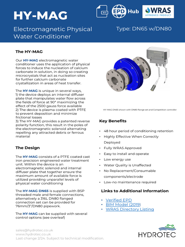 HY-MAG DN65 Electromagnetic Water Conditioner | PDF | Water | Water Heating