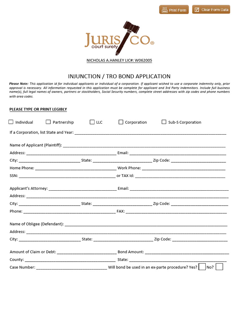 Injunction/TRO Bond Application Form | PDF | Indemnity | Insurance