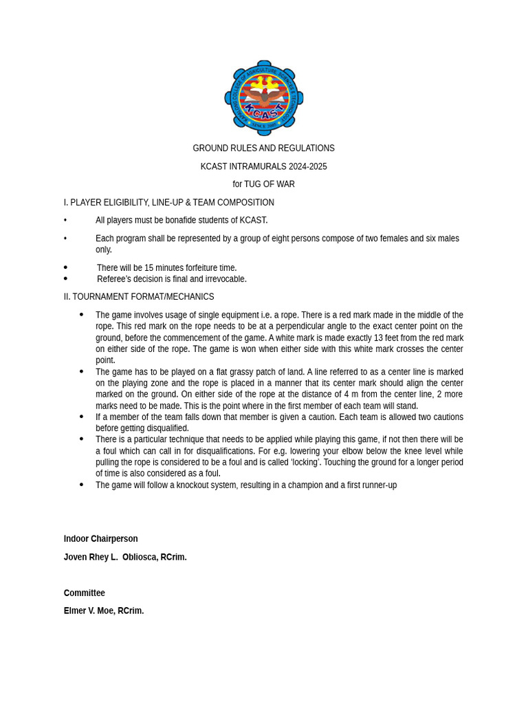 GROUND RULES AND REGULATIONS For TUG OF WAR | PDF