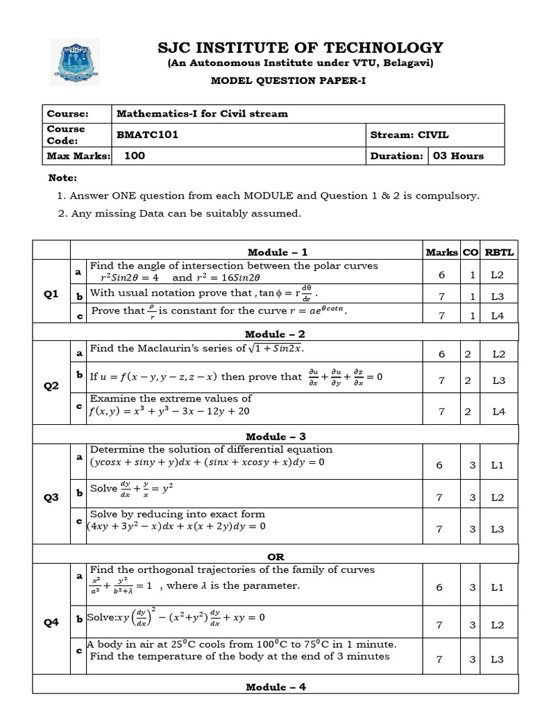 SJC Model Question Paper for BMATC101 | PDF | Equations | Mathematics