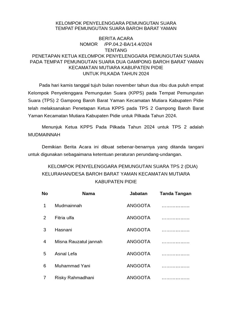 1 Ba KPPS Ketua KPPS TPS 2 | PDF