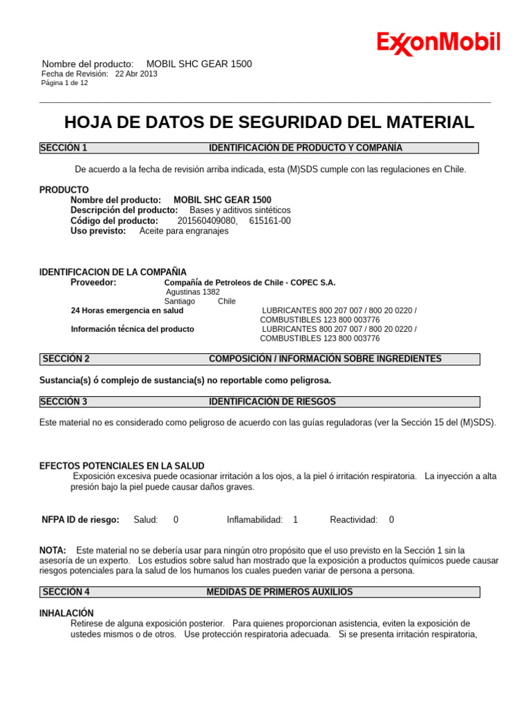 Hoja de Seguridad: Mobil SHC Gear 1500 | PDF | Ventilación ...