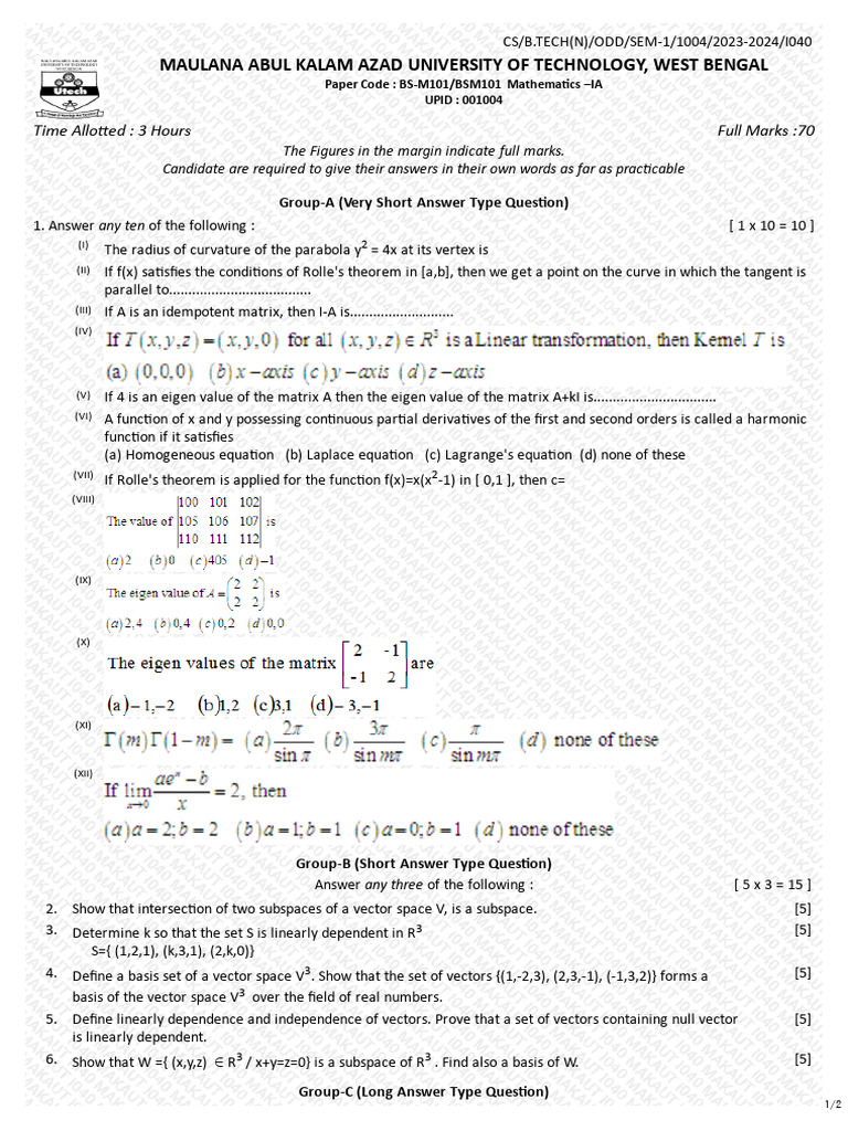 Math PYQ Paper 2019,22,23 | PDF | Matrix (Mathematics) | Basis (Linear Algebra)