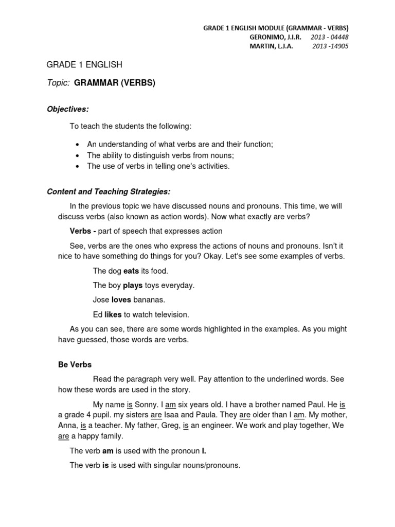 LTS Module English 1 Grammar Verbs | PDF | Grammatical Tense | Perfect ...