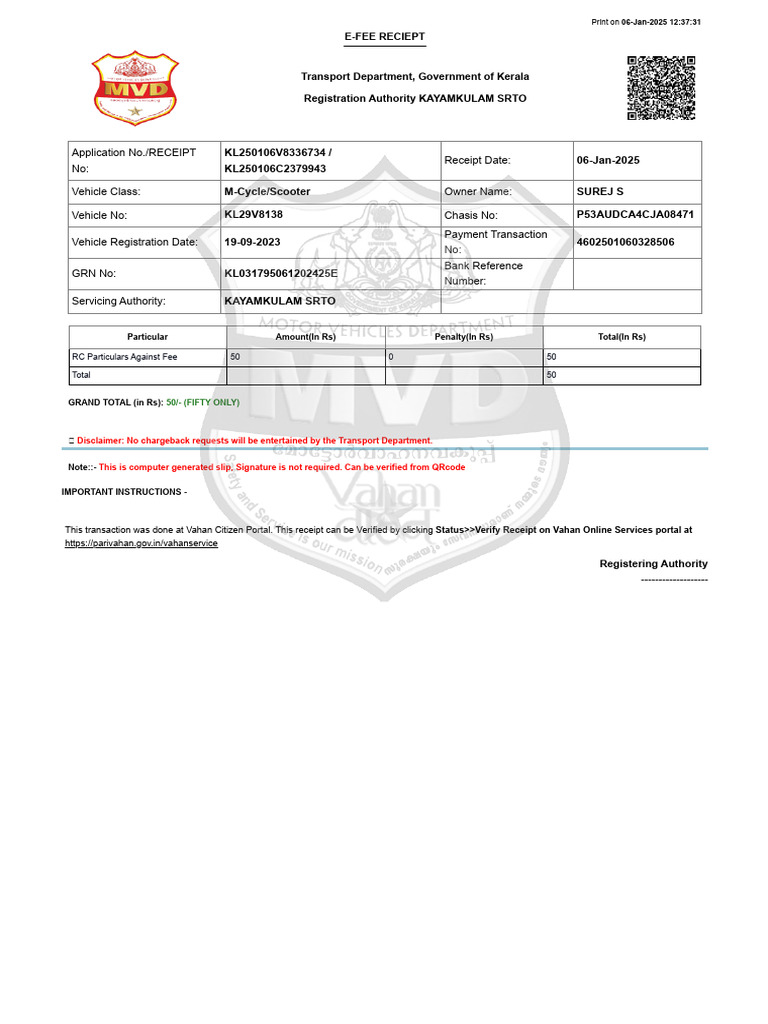 VAHAN 4.0 (Citizen Services) Onlineapp02 150 8015 | PDF | Receipt