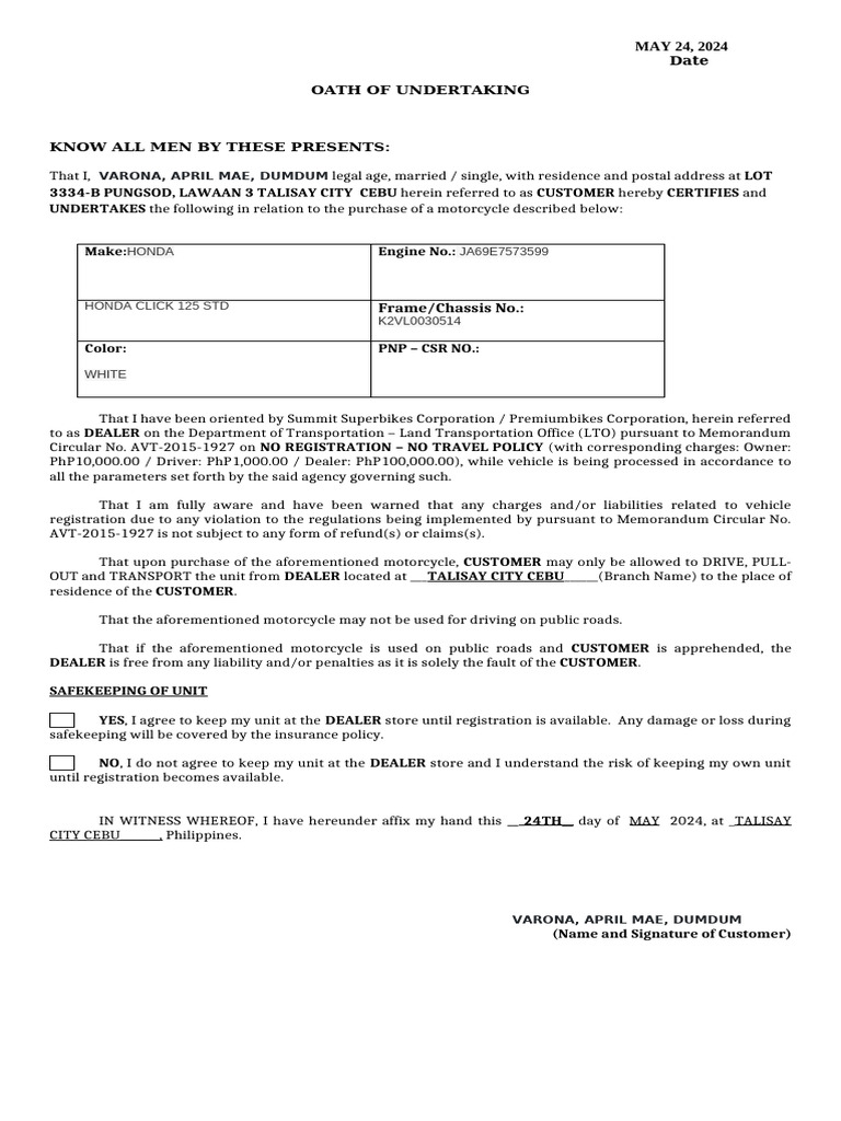 OATH OF UNDERTAKING | PDF | Vehicles | Transport